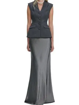 SELF-PORTRAIT Sleeveless Buttoned Maxi Dress - Grey