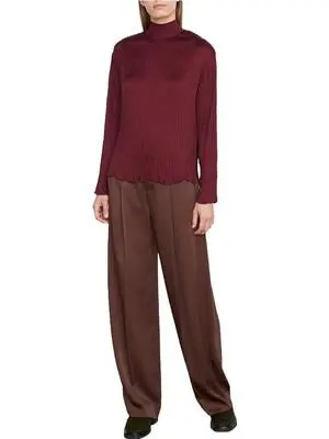 Vince Rib High Neckline Broken Satin Long Sleeve Blouse - Red