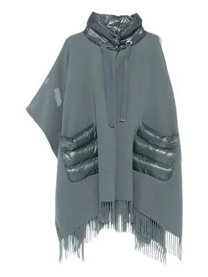 Herno High-neck Poncho With Fringed Edges And Drawstring Detail - Gray