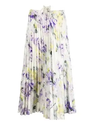 Off-White Drawstring Pleated Floral Print Midi Skirt - White
