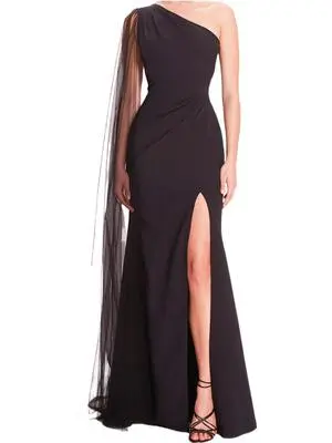 Marchesa One-shoulder Gown With Tulle Shawl - Black