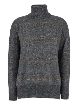 Brunello Cucinelli Oversized Turtleneck Knitted Jumper With Metallic Stripes - Grey