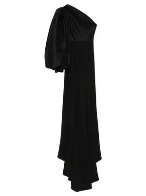 Solace Ivy Gown: Asymmetrical Neckline Lantern Sleeve Fishtail Gown - Black