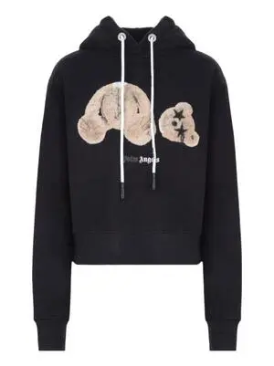 Palm Angels Sprayed Bear Logo Cropped Hoodie - Black