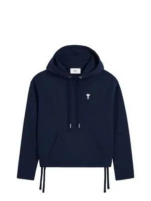 AMI Paris De Coeur Cropped Fleece Hoodie - Navy Blue