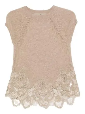 Ermanno Scervino Lace-trimmed Crewneck T-shirt - Nude
