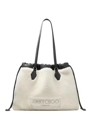 JIMMY CHOO Shearling Drawstring Tote Bag With Embroidered Logo - Natural/black