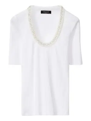 Fabiana Filippi U-neckline Jersey T-shirt With Tweed Trim - White