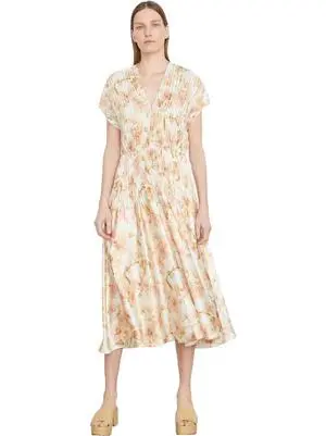 Vince Floral-print Plissé Dress - Nude