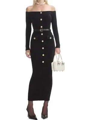 SELF-PORTRAIT Chenille Knit Midi Dress - Black