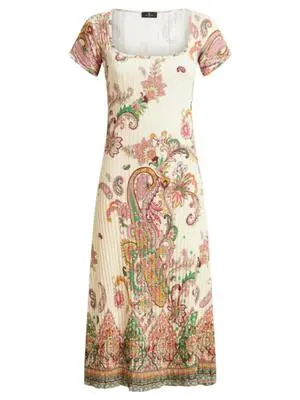 Etro Ribbed Floral Motif Midi Dress - White