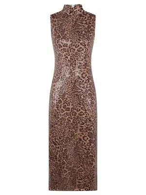 TWINSET Leopard Print Sequin Embroidered High Neck Midi Dress - Brown