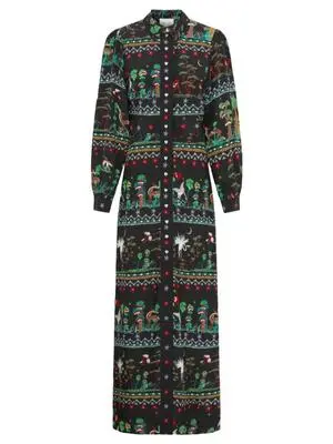 HAYLEY MENZIES Printed Maxi Silk Shirt Dress - Black