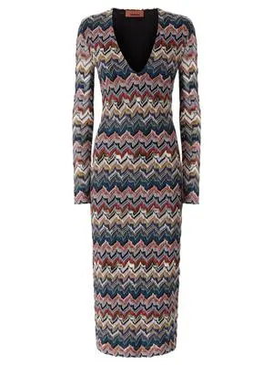 Missoni Geometric Zigzag Pattern Long Sleeve V-neck Dress - Black
