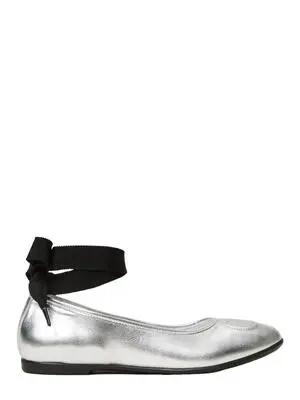 TWINSET Leather Ballerina Flats With Ribbon Detailing - Silver
