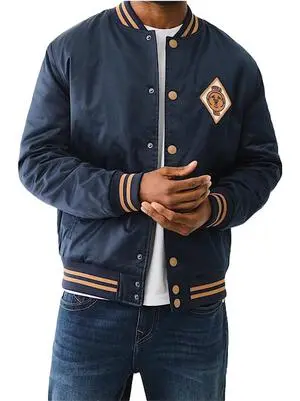 True Religion Satin Embroidered Varsity Bomber Jacket - Blue