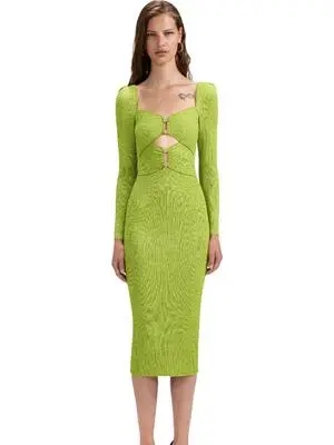 SELF-PORTRAIT Long Sleeve Cut-out Knit Midi Dress - Green