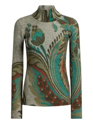 Etro Ribbed Wool Turtleneck Sweater With Daffodil Print - Grey