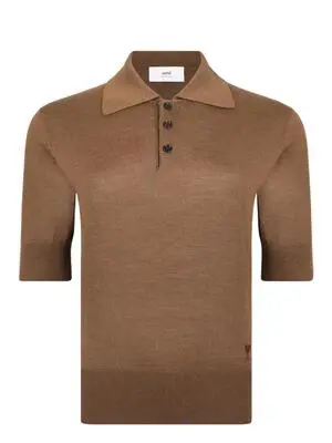 AMI Paris Short Sleeve Knitted Polo Shirt - Hazelnut