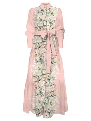 MC2 SAINT BARTH Maxi Dress With Floral Print And Belted Waist - Pink