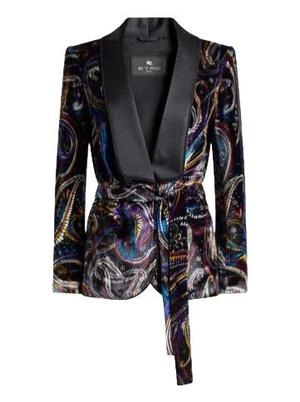 Etro Paisley Foliage Motif Belted Velvet Blazer - Black