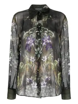 Alberta Ferretti Floral Print Sheer Shirt - Black