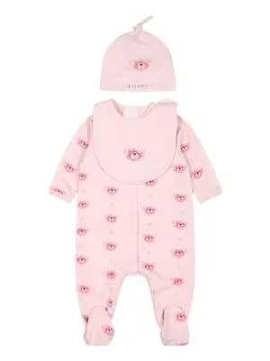 Givenchy Teddy Bear Print Babygrow Set With Hat And Bib - Pink