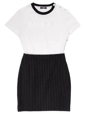 Balmain Striped Dress With Logo Lettering - Black