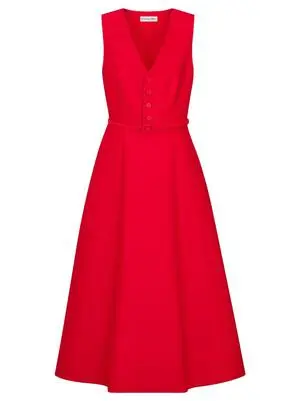 Dior Wool Silk Shantung Mid-length Flared Dress With Belt - Red