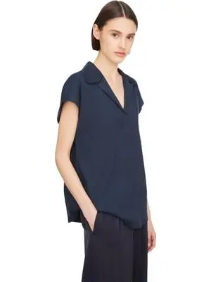 Vince Cap-sleeve Polo Shirt With Lapel And Curved Hem - Black