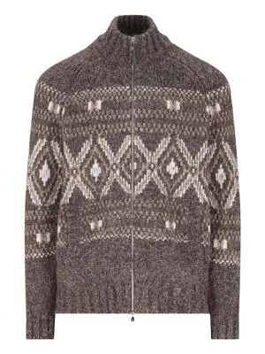 Brunello Cucinelli Fair Isle Pattern High Neck Zip-up Cardigan - Black