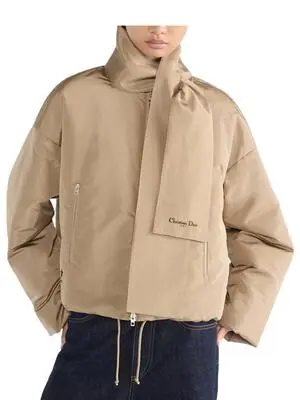 Dior Embroidered Bee And Cd Signature Zip-up Jacket With Scarf Collar - Nude