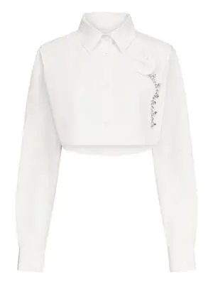 AREA Embellished Rosette Cropped Poplin Shirt - White