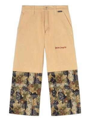 Palm Angels Paneled Cotton Trousers With Paisley Print - Nude