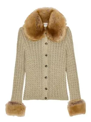 Saint Laurent Cable-knit Cardigan In Lurex And Animal-free Fur - Dore/fauve