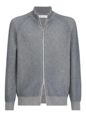 Brunello Cucinelli Cashmere Vanisé English Rib High-neck Cardigan - Blue