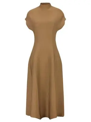 Khaite Short Sleeve High Neck Dress With Pleated Hem - Brown