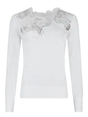 Ermanno Scervino Fine Knit Wool Pullover With Embroidered Tulle And Silk Floral Accents - No