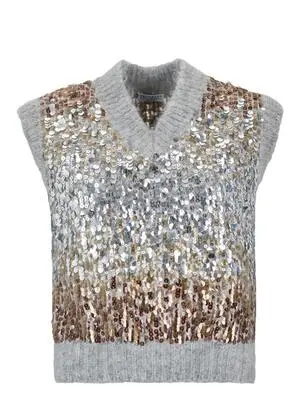 Brunello Cucinelli Sleeveless V-neck Sequin Knitwear - Gray