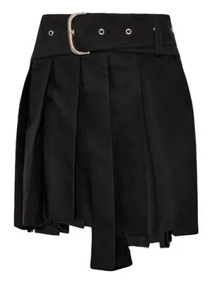 Off-White Asymmetric Hem Pleated Mini Skirt With Buckle Belt - Black