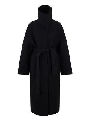 Fabiana Filippi High Collar Belted Long Coat - Black