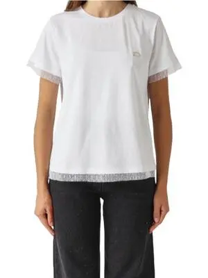 TWINSET Short Sleeve Crewneck T-shirt With Lace Appliqués - White