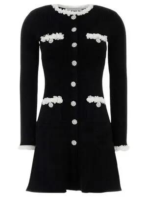 SELF-PORTRAIT Chenille Knit Mini Dress With Floral Trim - Black