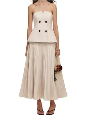 SELF-PORTRAIT Bandeau Pleated Midi Dress - Beige