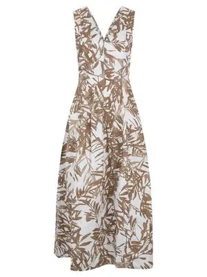Brunello Cucinelli Sleeveless V-neck Midi Dress With Herbarium Print - Brown
