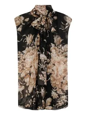 Dolce & Gabbana Sleeveless Floral Print Blouse With Neck Tie - Black