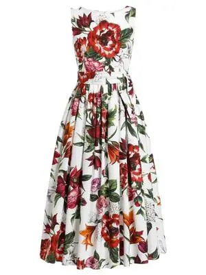 Dolce & Gabbana Sleeveless Floral Print Poplin Midi Dress - Multi-color