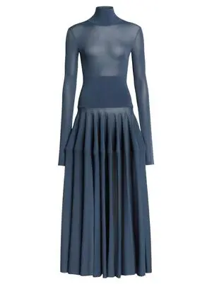 Alaïa Peplum Viscose Dress With High Neck And Long Sleeves - Blue