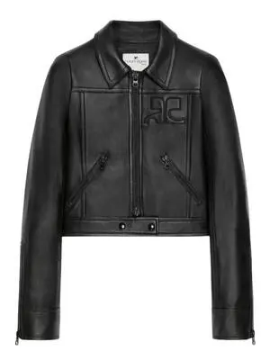 COURREGES Leather Zip-up Jacket With Logo Detail - Black