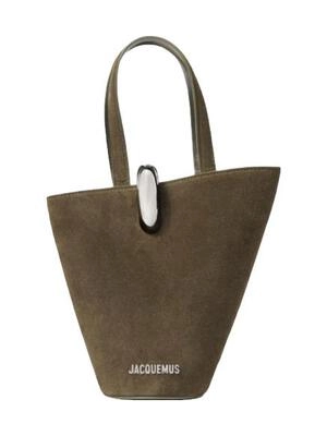 Jacquemus Jacquemus Logo Lettering Asymmetric Suede Bucket Bag Green